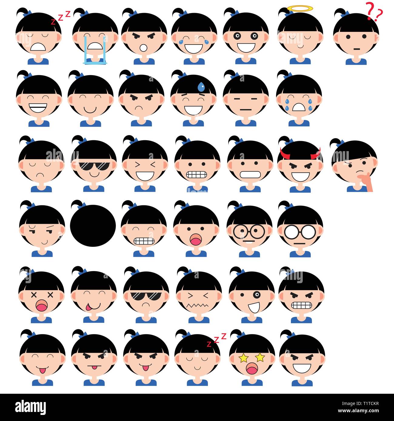 Illustration of asian cute girl faces showing different emotions. Joy ...