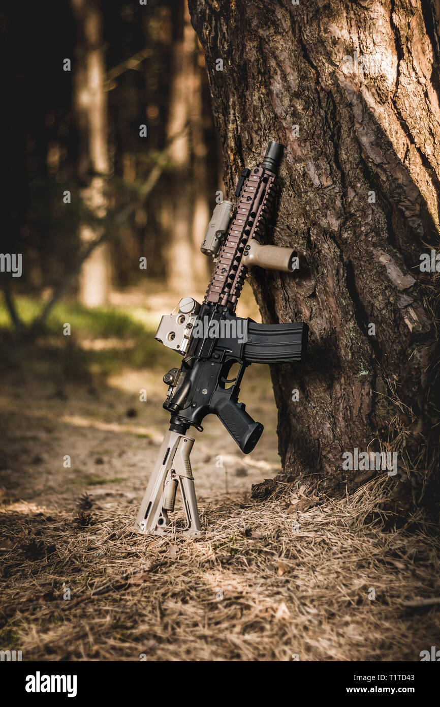 assault rifle leaning against a tree in the forest Stock Photo - Alamy