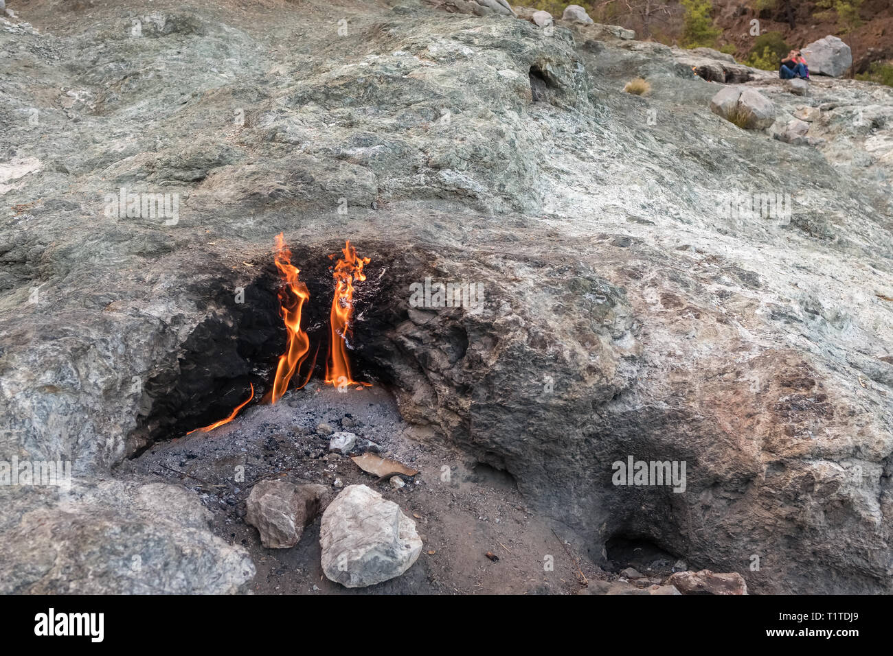 Flames of Chimera Mount from the underground in Cirali, Turkey Stock ...
