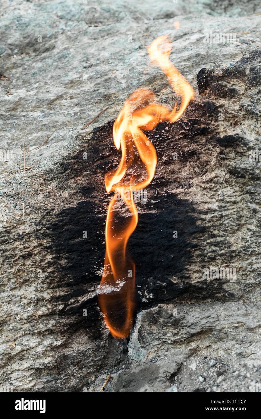 Flames of Chimera Mount from the underground in Cirali, Turkey Stock ...