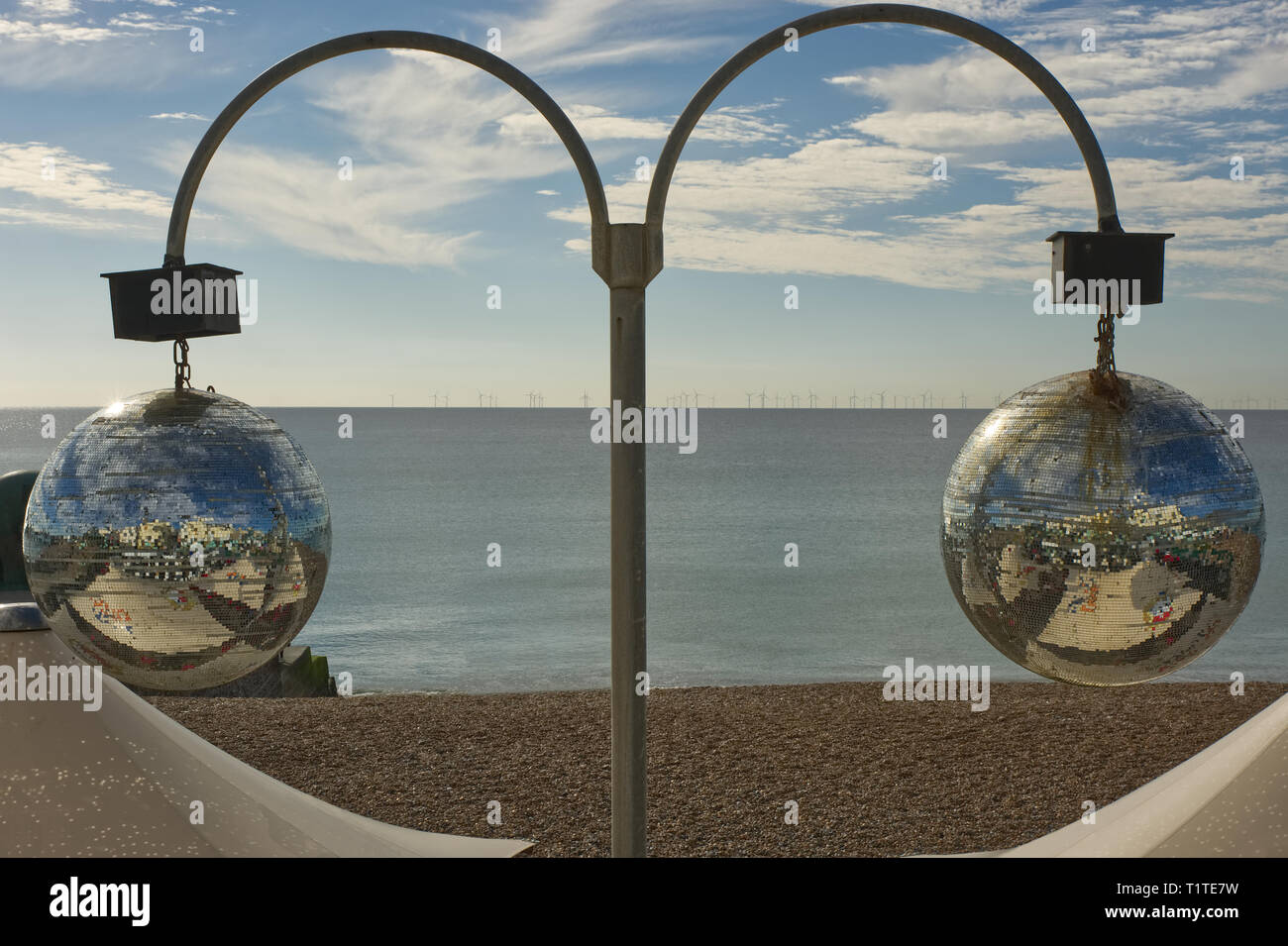 Glitter / mirror balls outside cafe / bar on the beach and seafront ...