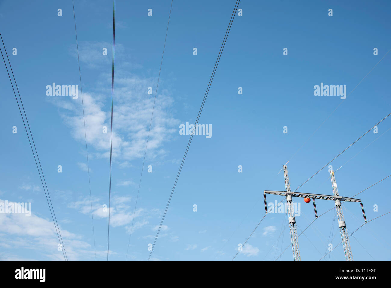 High tension electrical power grid post with thick cable wires set ...