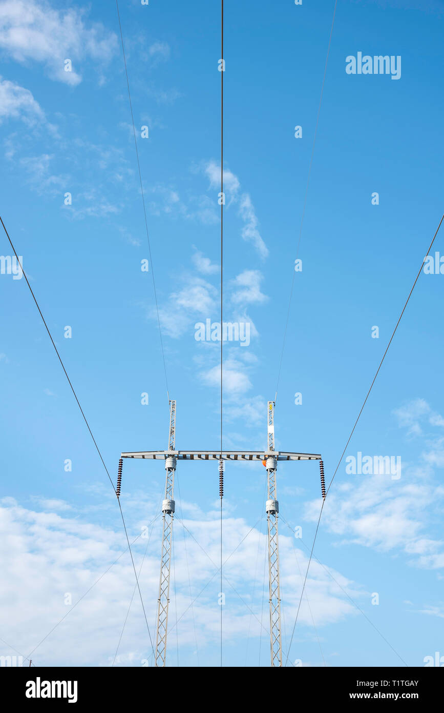 High tension electrical power grid post with thick cable wires set ...