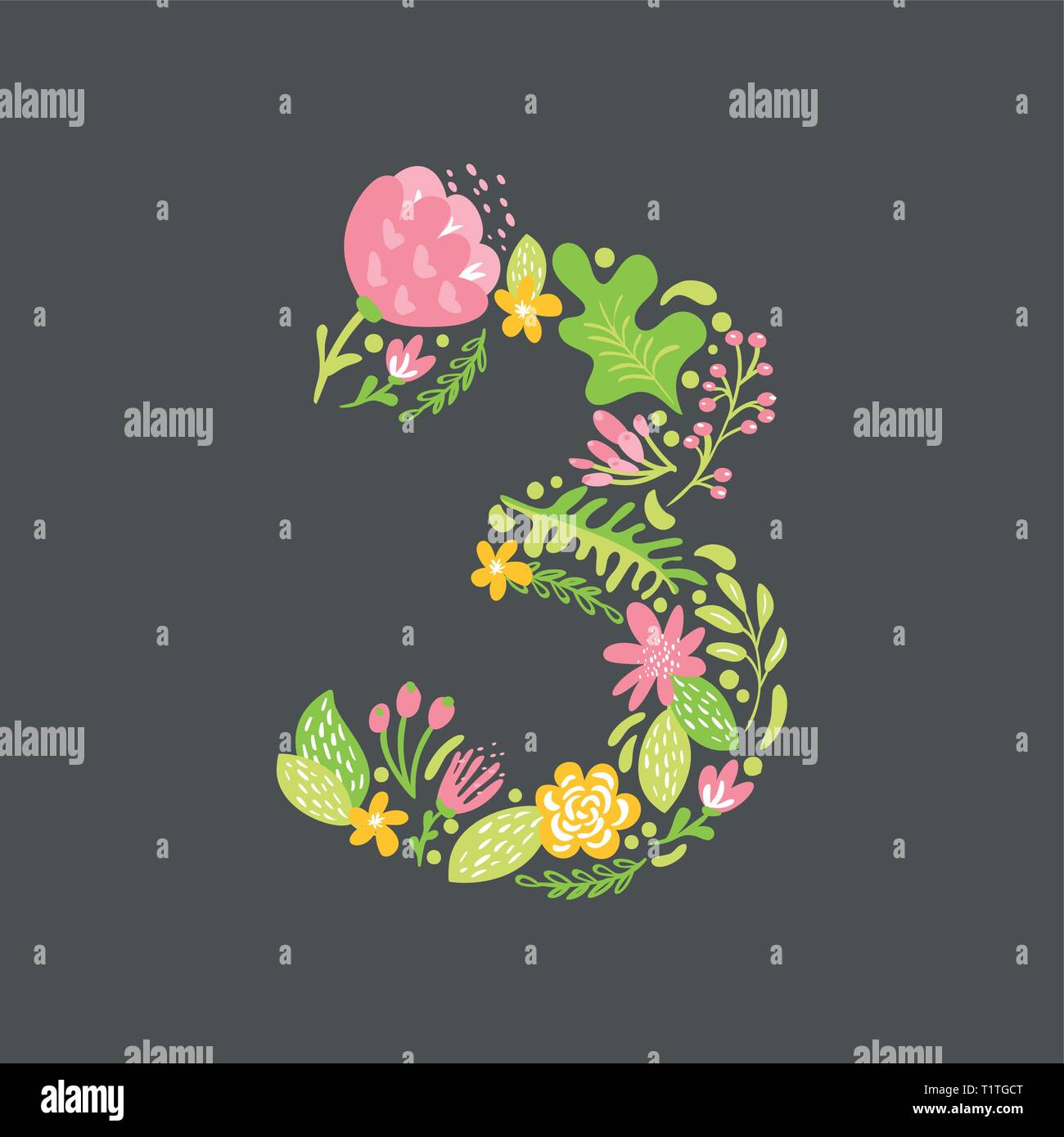Floral summer Number 3 three. Flower Capital wedding Uppercase Alphabet ...