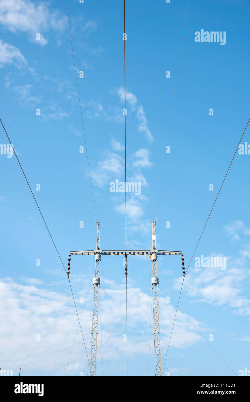 High tension electrical power grid post with thick cable wires set ...