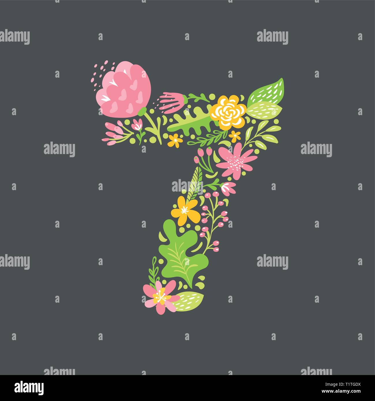 Floral summer Number 7 seven. Flower Capital wedding Uppercase Alphabet ...