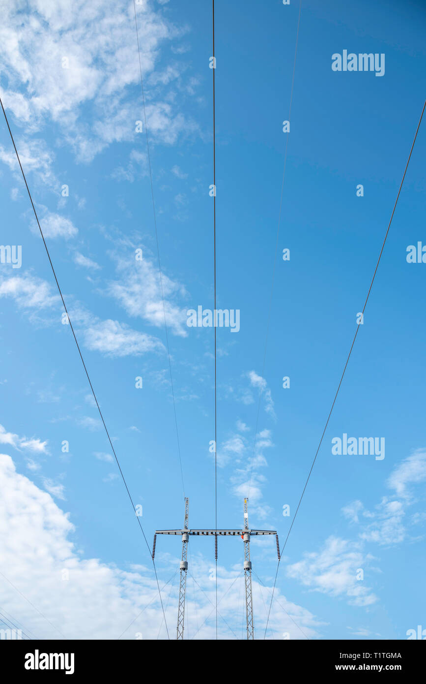 High tension electrical power grid post with thick cable wires set ...