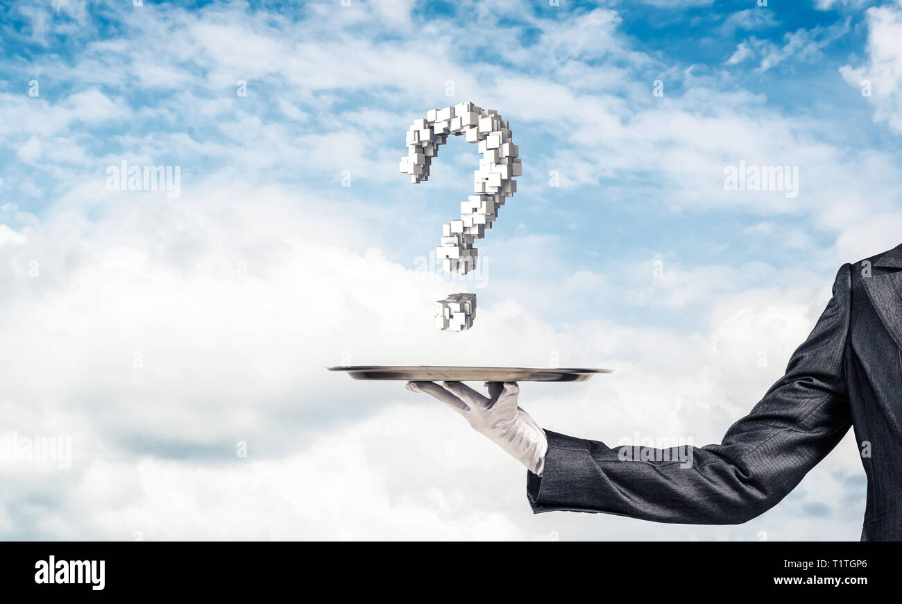 Hand of waiter presenting question mark on tray Stock Photo - Alamy