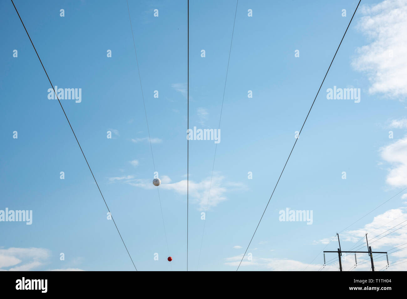 High tension electrical power grid post with thick cable wires set ...