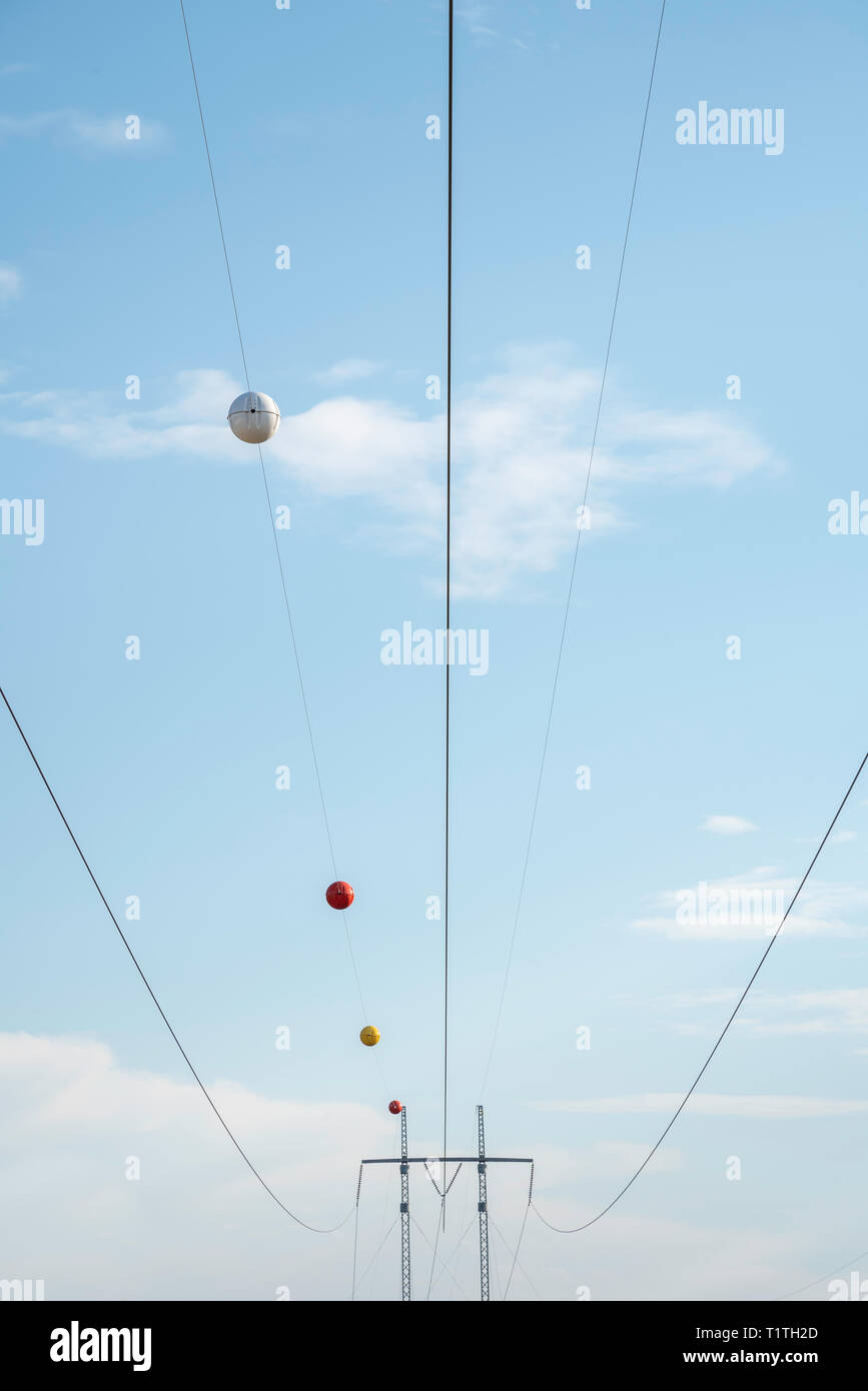 High tension electrical power grid post with thick cable wires set ...