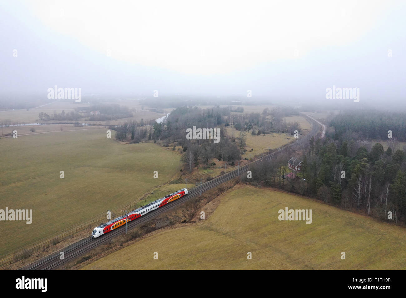 MJÖLBY 20190304 Aerial view of a railway and a train on the southern ...