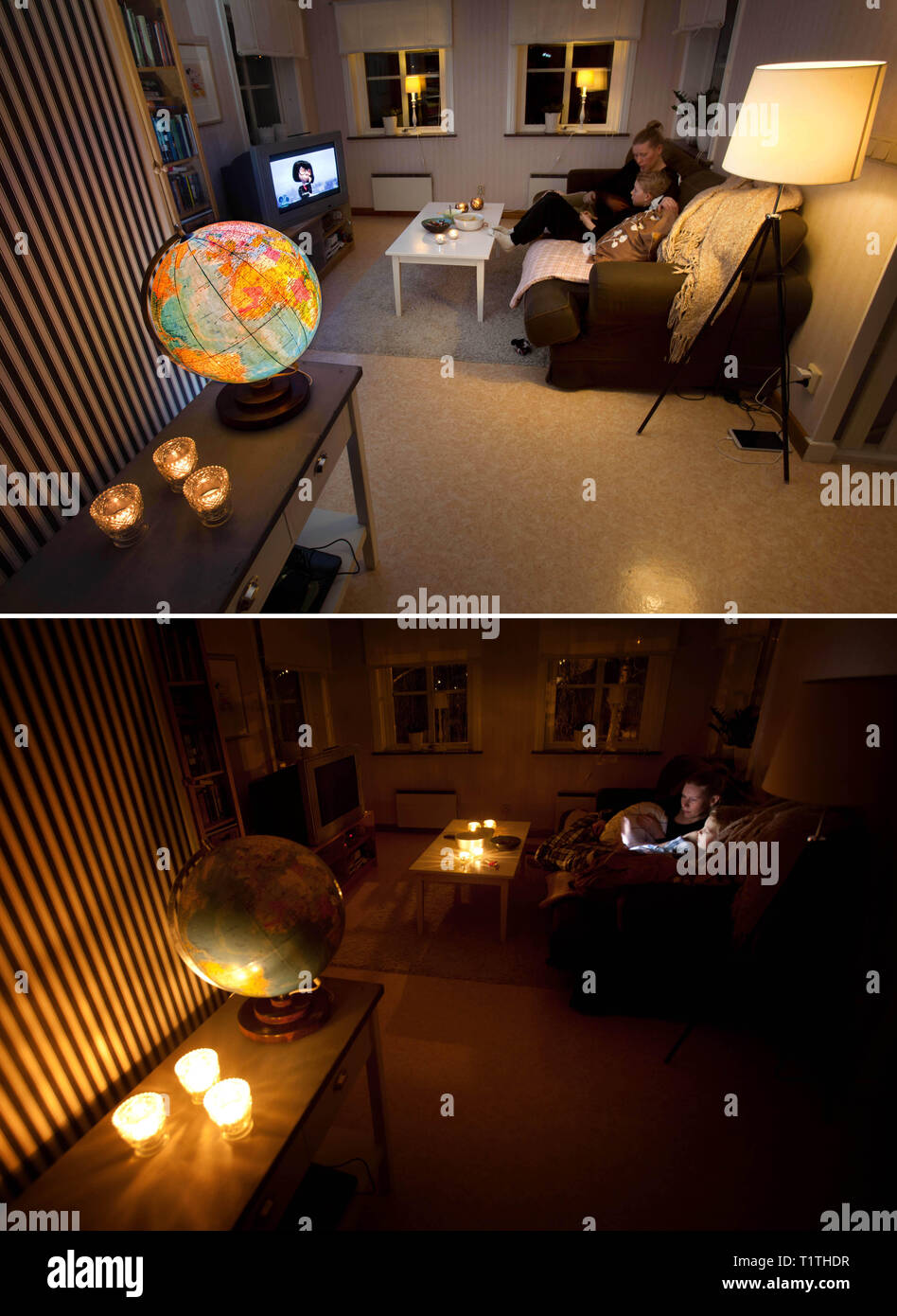 Family in a TV couch just before and during Earth hour. WWF Earth Hour ...