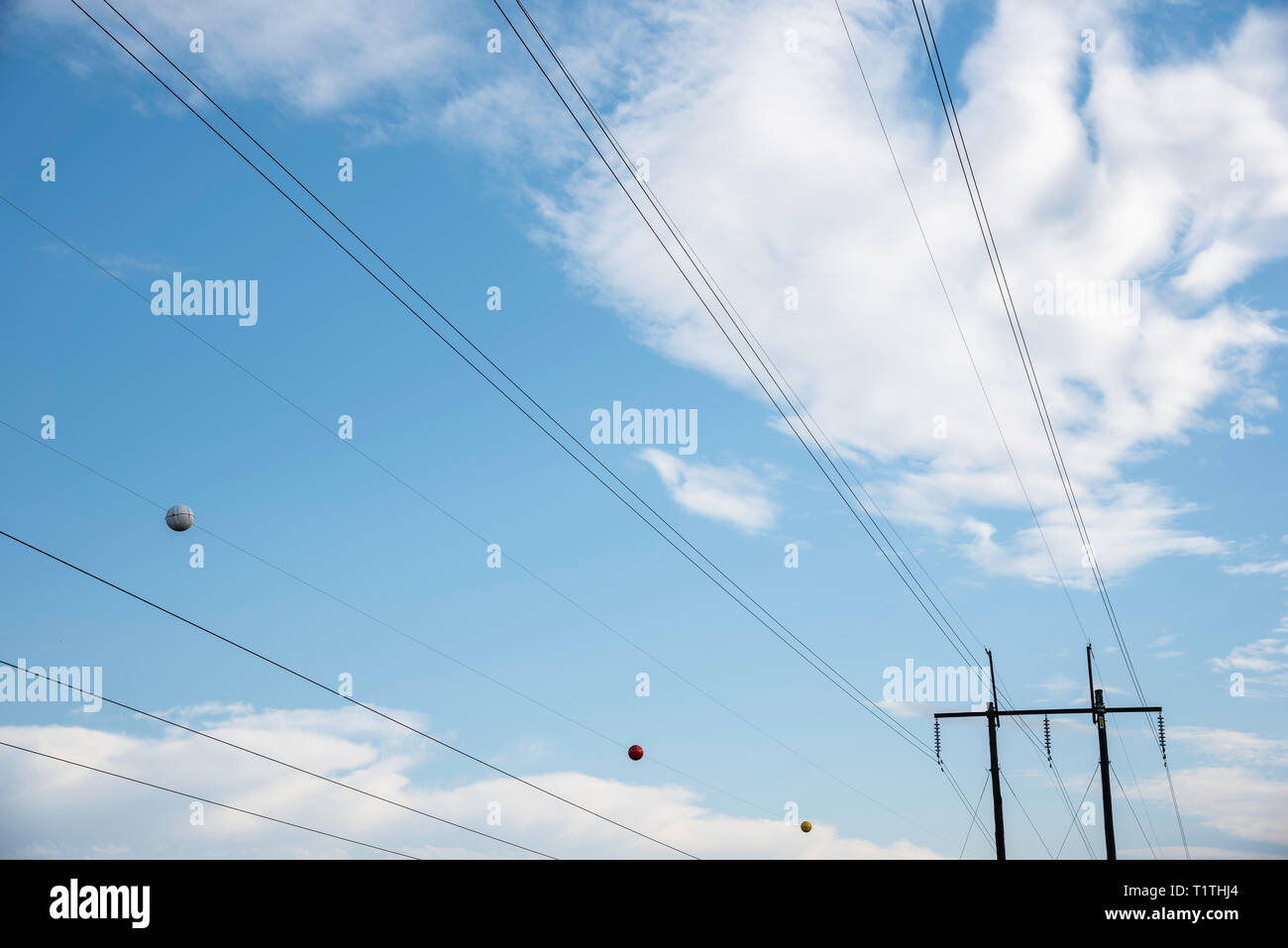 High tension electrical power grid post with thick cable wires set ...