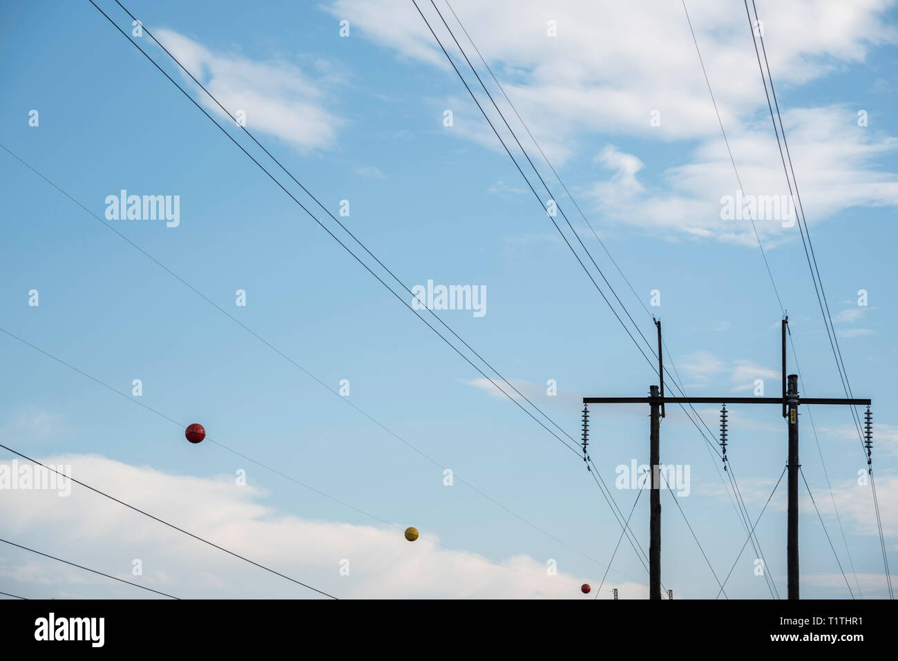 High tension electrical power grid post with thick cable wires set ...