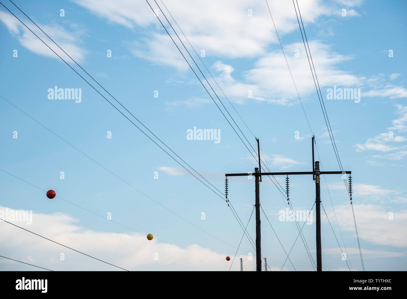 High tension electrical power grid post with thick cable wires set ...