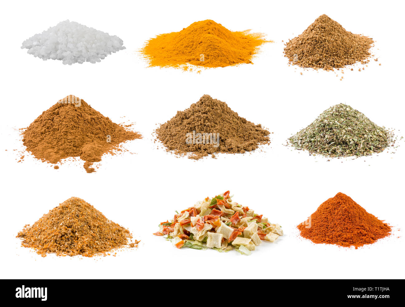 Set of spices and food ingredients in heaps isolated on white ...