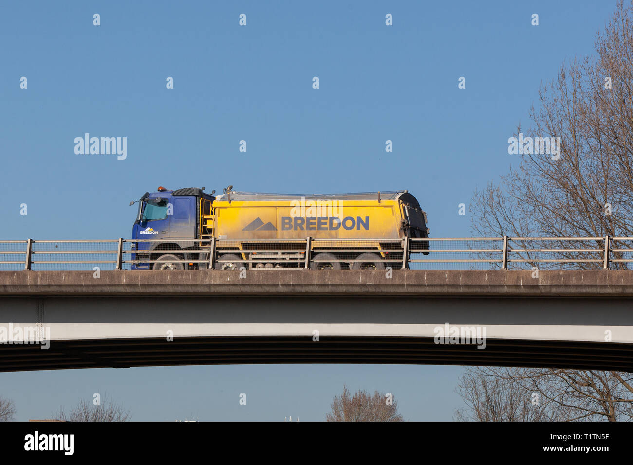 Breedon tipper truck carrying construction materials. Travelling on the ...