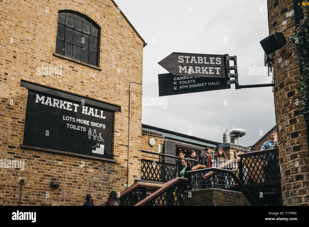 London, UK - March 23, 2019: Directional signs inside Camden Market ...