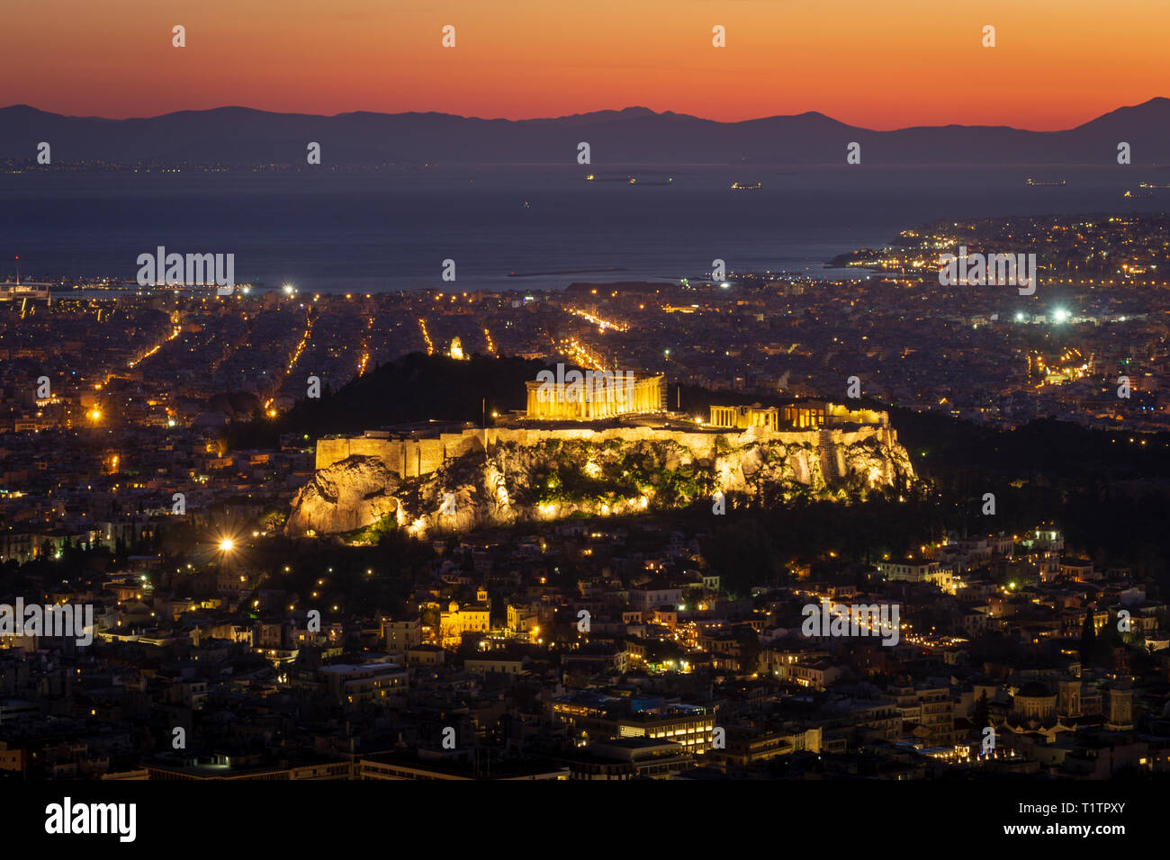 Sunset (night) view of the Acropolis and Athens, Greece, from the ...