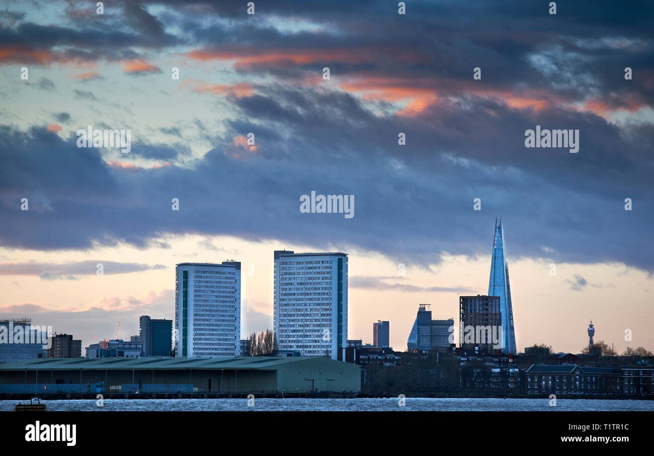 LONDON CITY SKYLINE EVENING WITH ORANGE CLOUDS OVER THE SHARD TWO TOWER ...