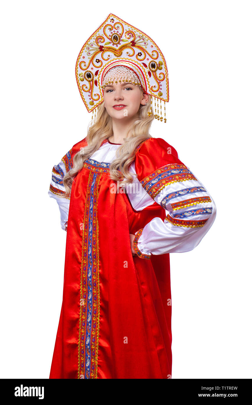 Traditional Russian folk costume, portrait of a young beautiful blonde ...