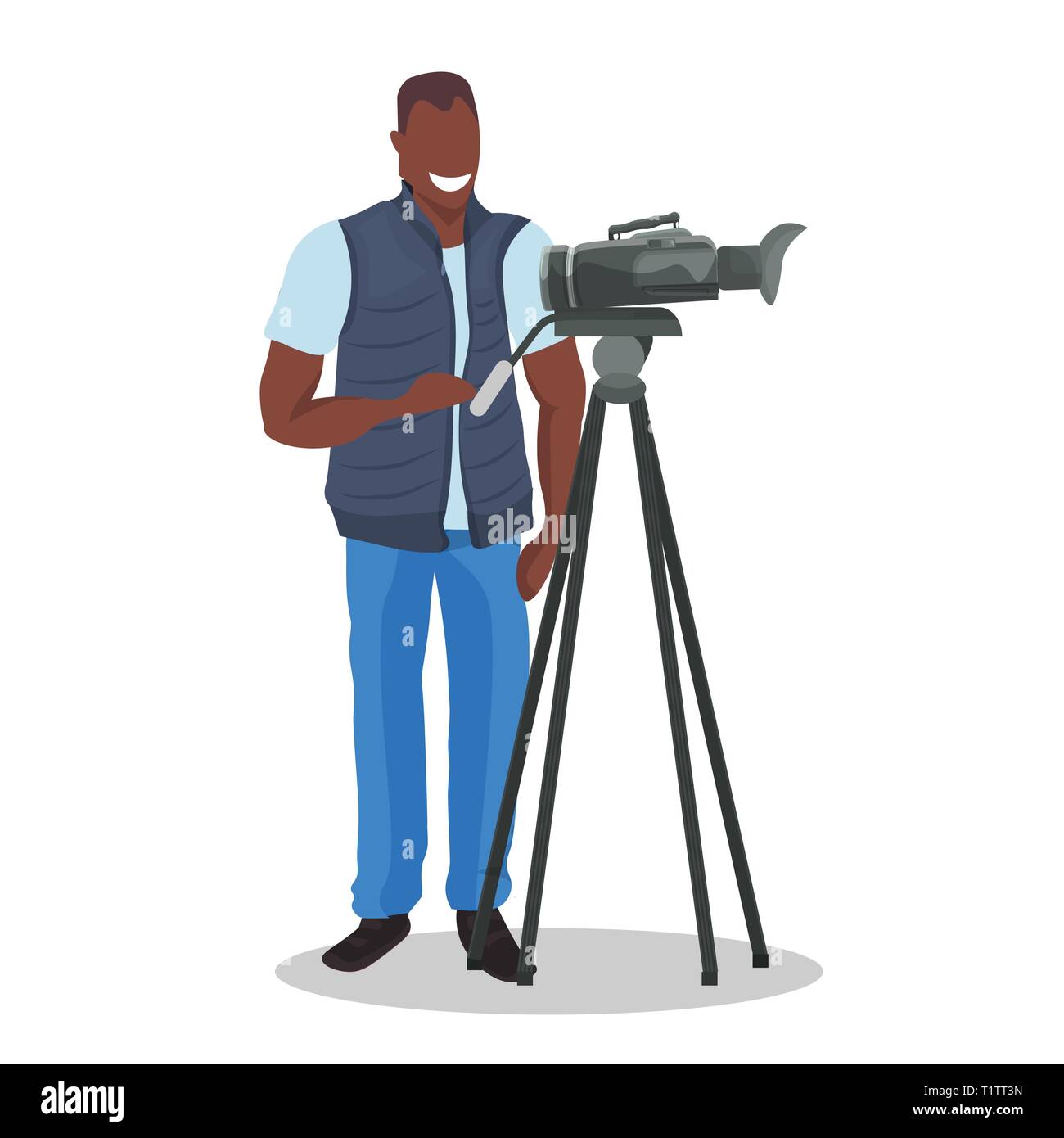 african american television operator using video camera on tripod happy ...