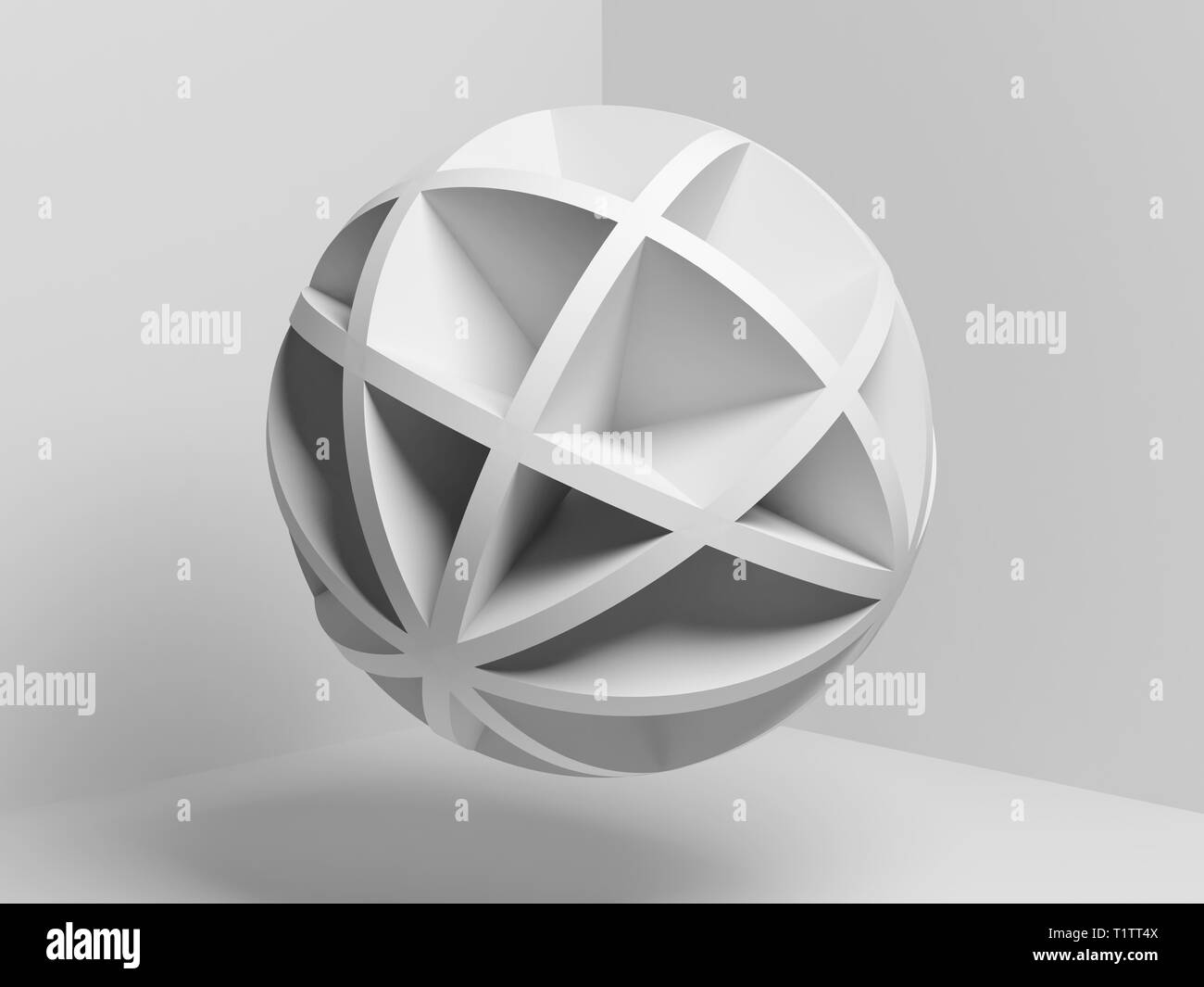 Abstract white compound spherical object over empty room background, 3d ...
