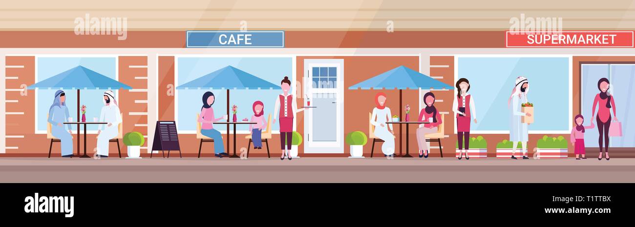 arabic people visitors sitting summer cafe shop arab customers holding ...