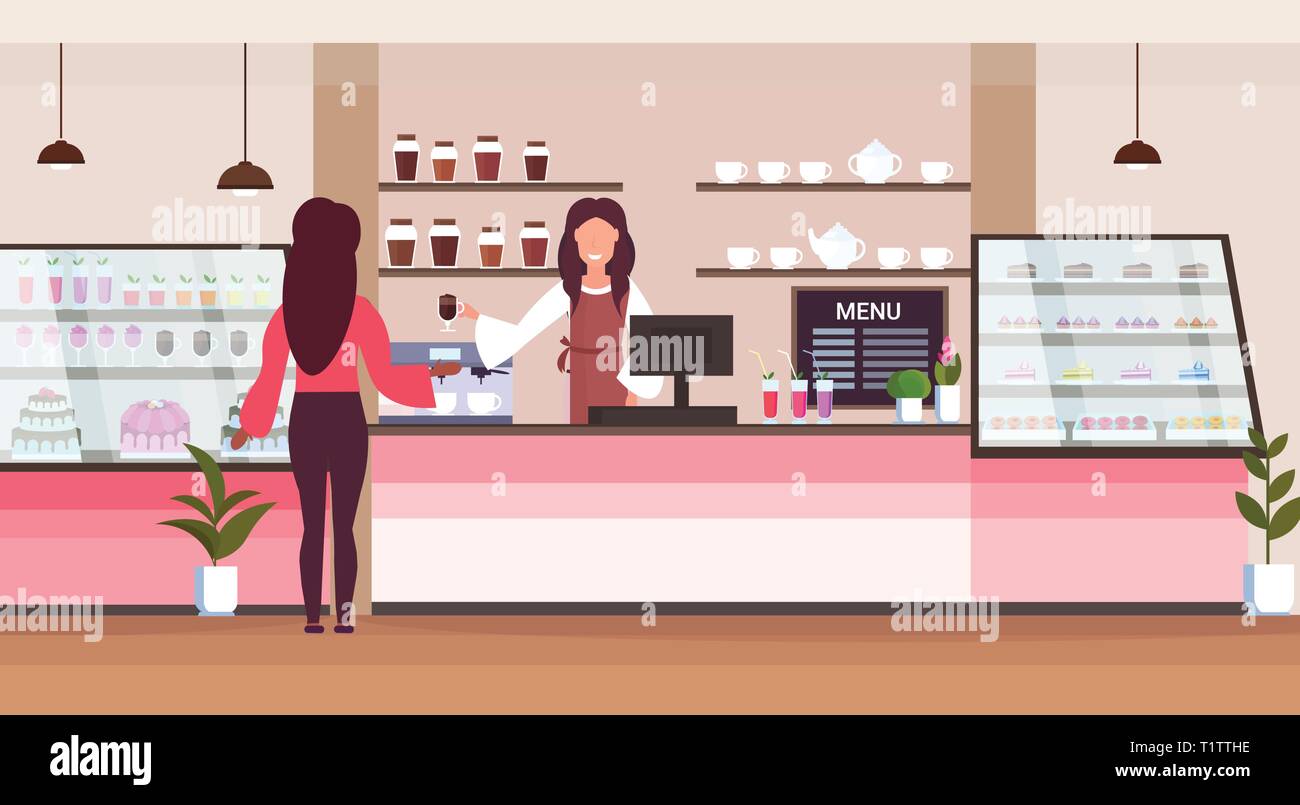 female barista coffee shop worker serving woman client giving glass of ...