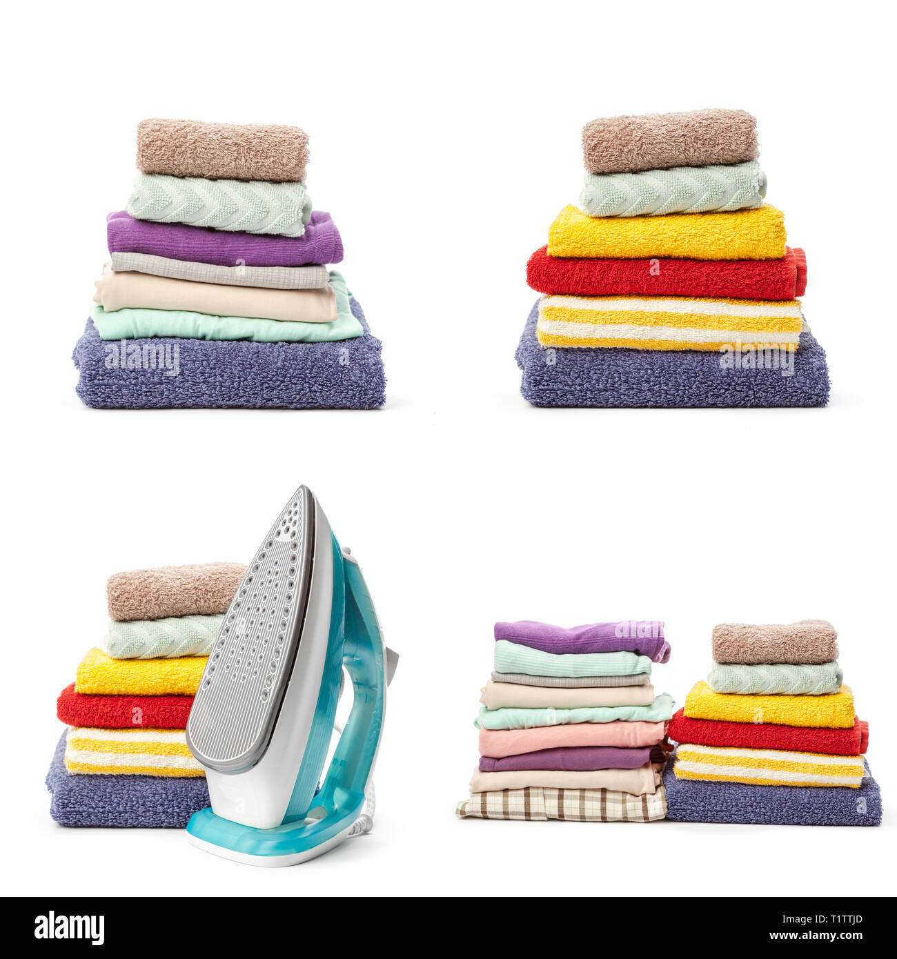 stacks of clothing collection isolated on white Stock Photo - Alamy