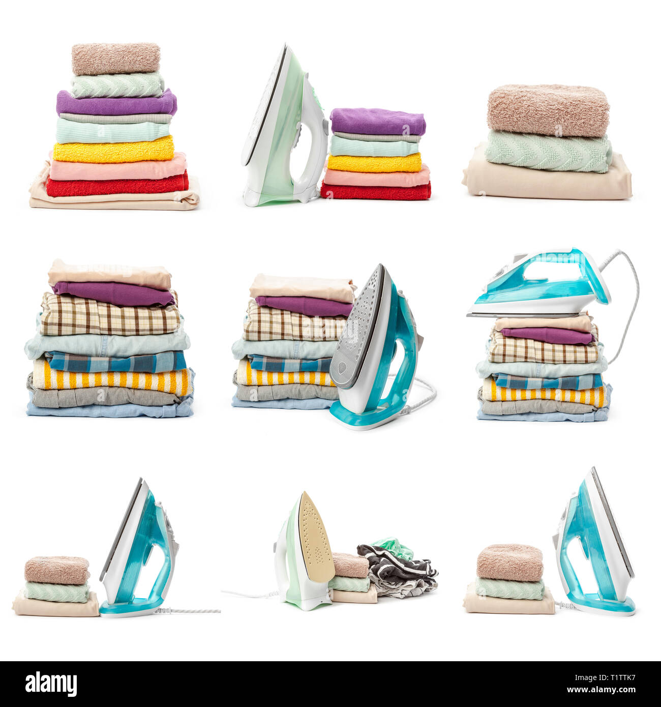 stacks of clothing collection isolated on white Stock Photo - Alamy