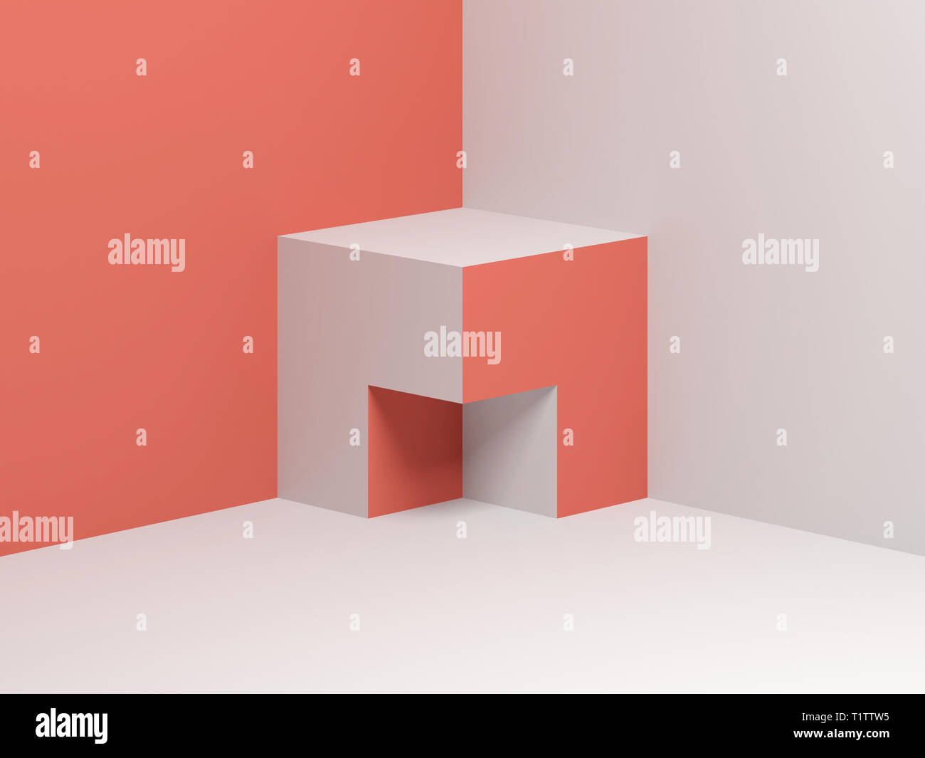 Abstract Red White Cubical Object Stands In Empty Corner 3d Render