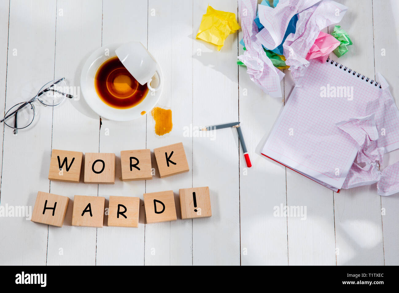 HARD WORK. Message in wooden cubes on a table background. Lifestyle ...
