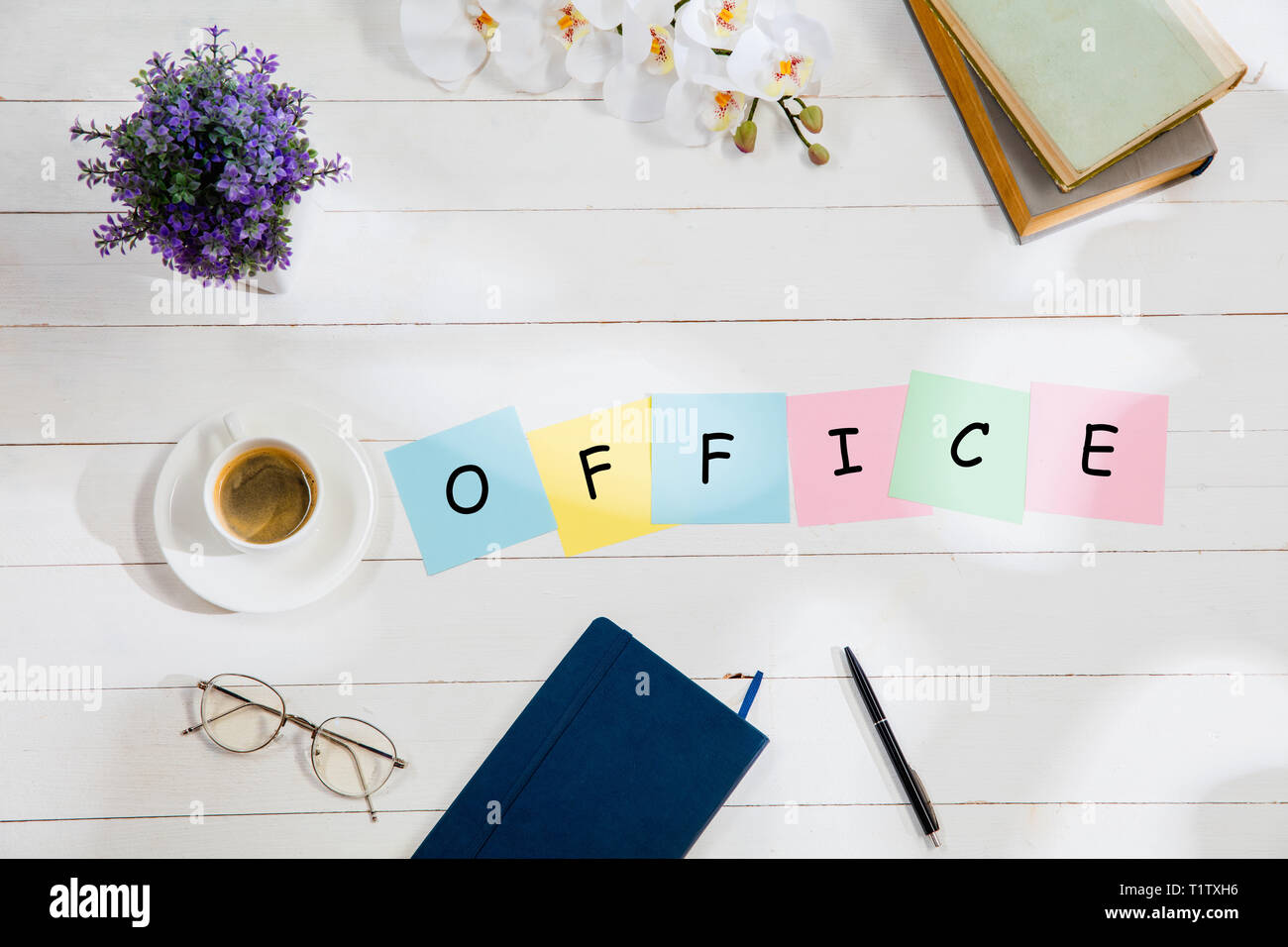 OFFICE. Message at colorful note papers on a desk background. Lifestyle ...