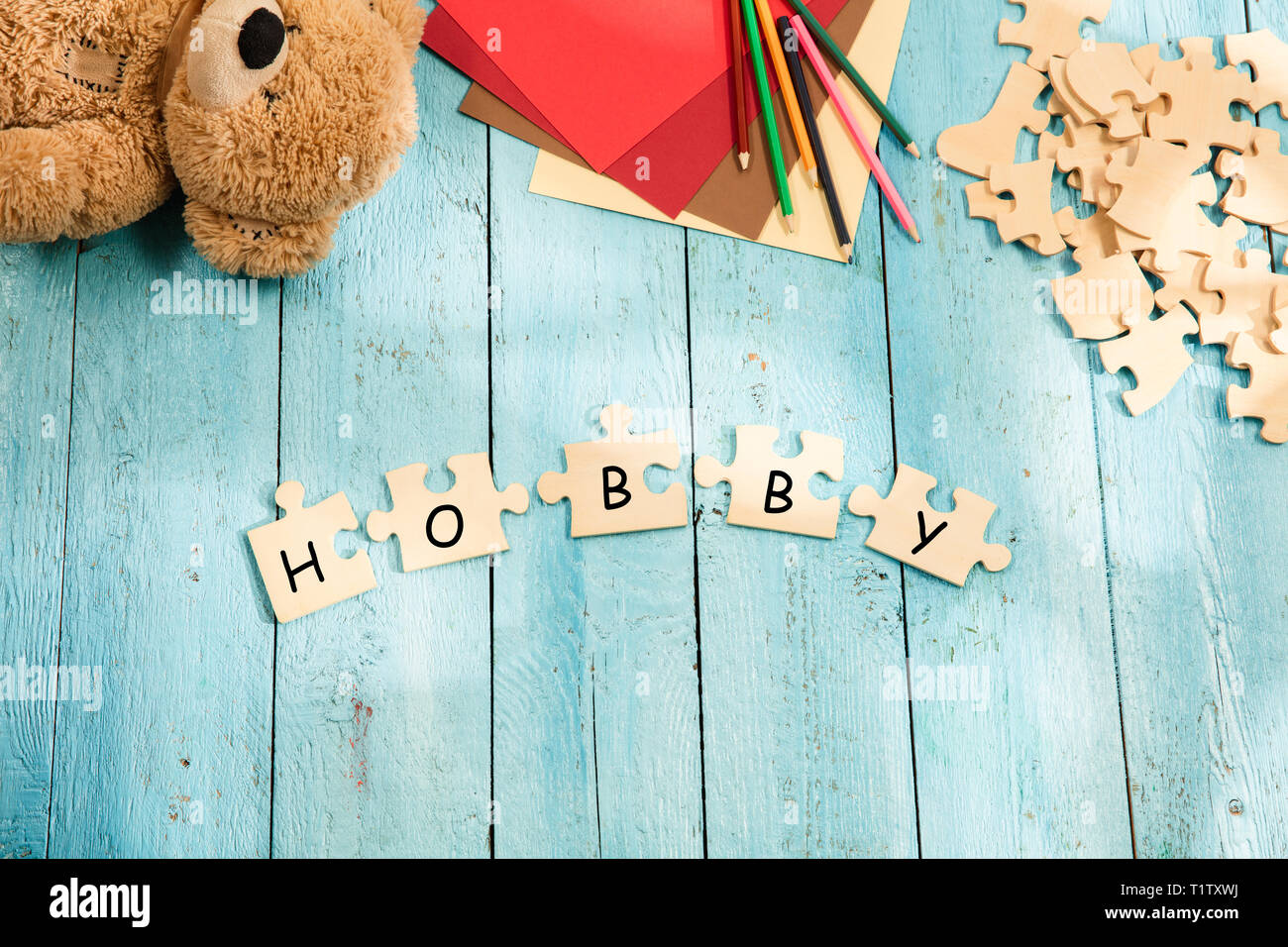 Stationery and word HOBBY made of letters, mock up and pieces of ...