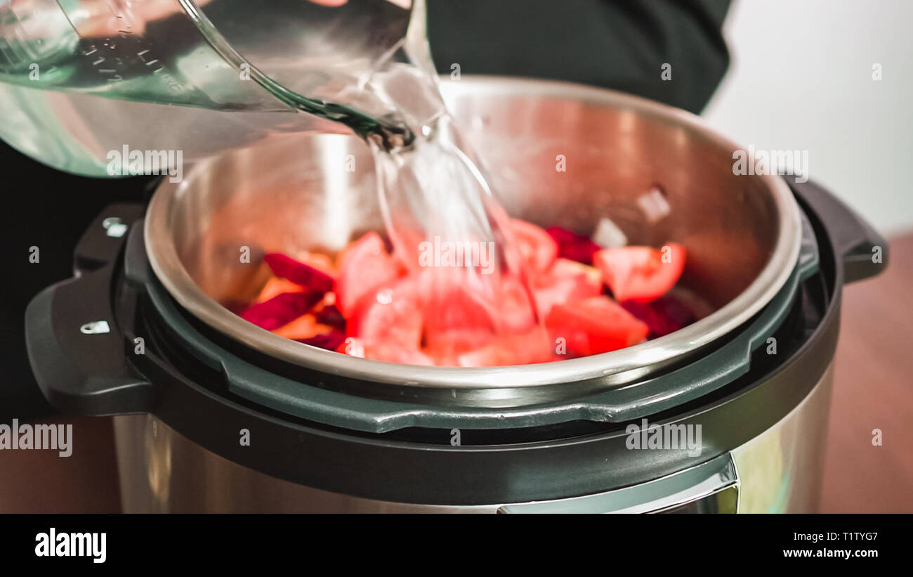 Step by step. Cooking beet soup, borscht with organic vegetables in ...