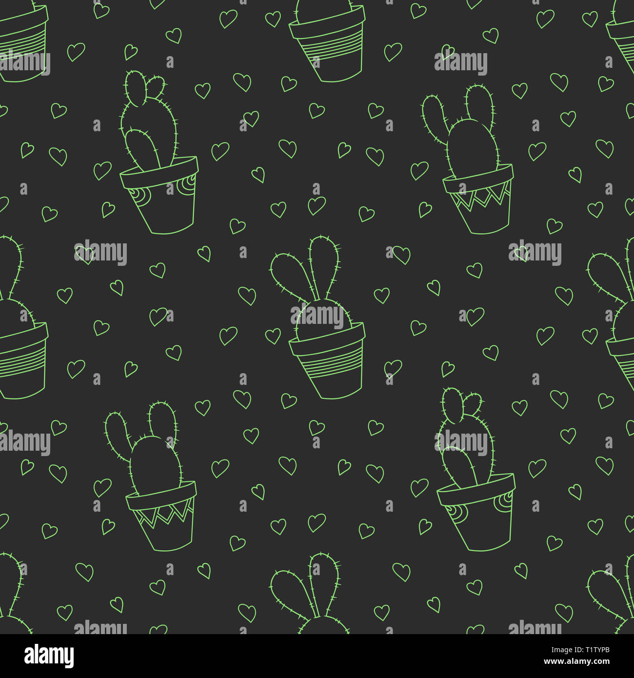 Seamless pattern with outlines of exotic neon green cactus plants in ...