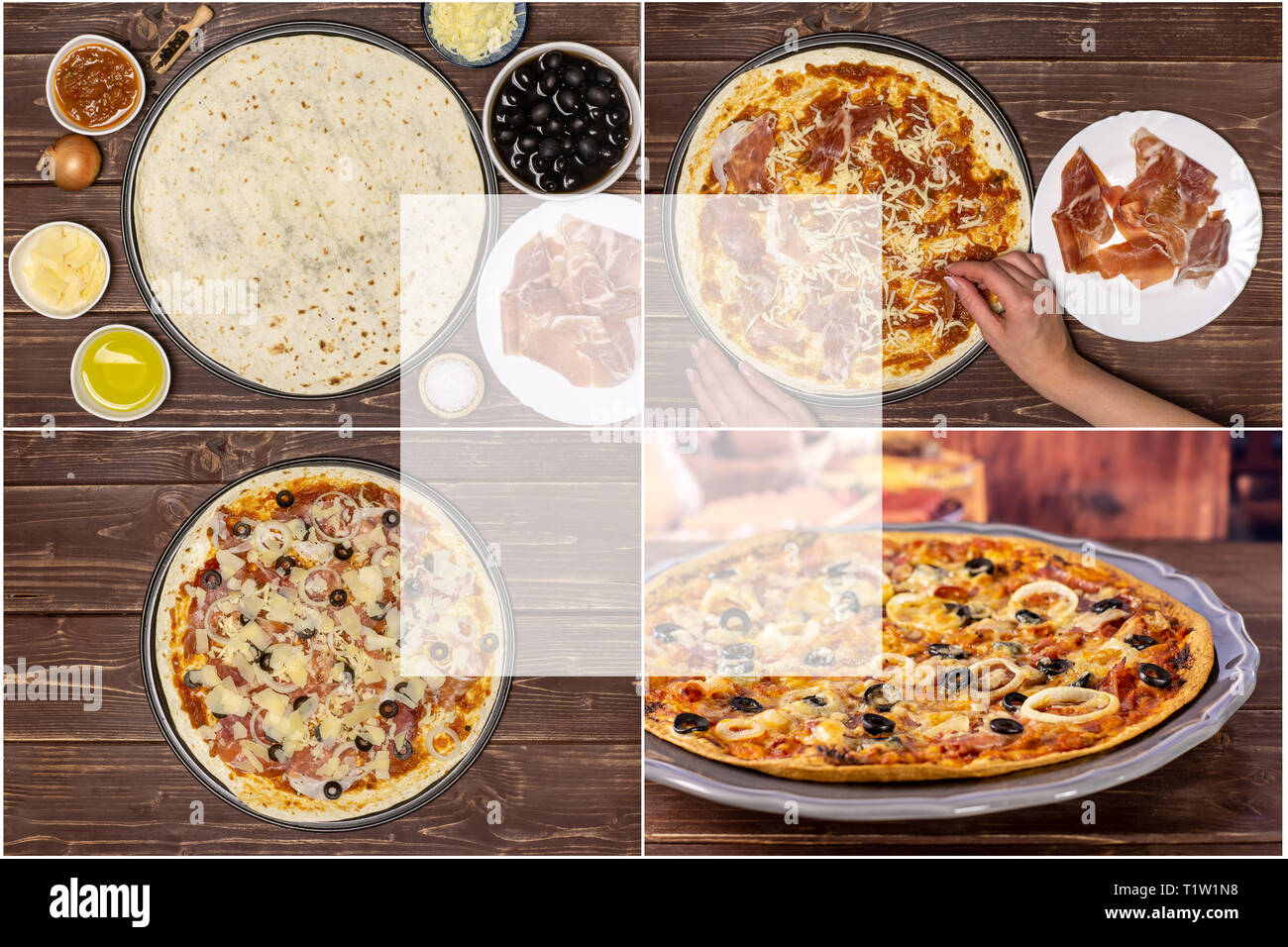 Collage recipe step by step pizza capricciosa on brown wood Stock Photo ...