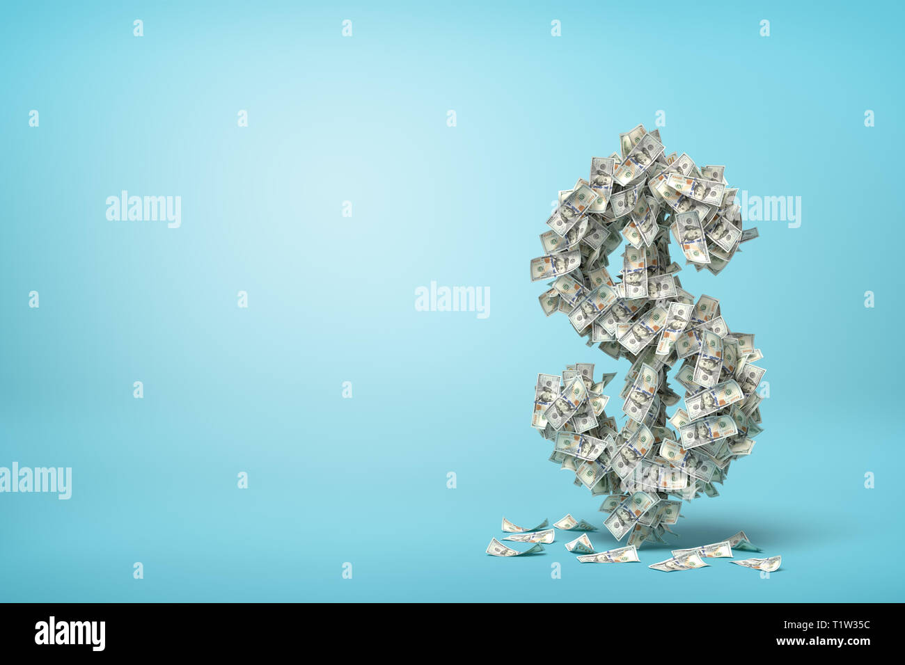 3d rendering of big dollar sign made of banknotes on blue background ...