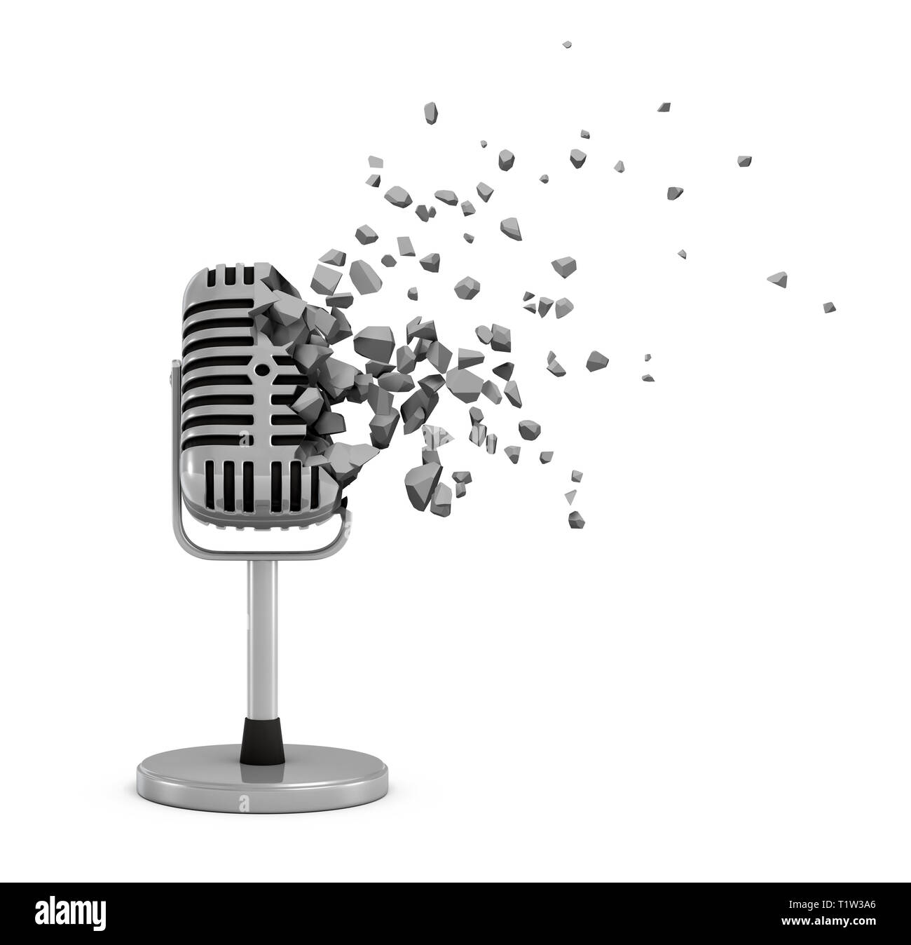 3d rendering of vintage microphone shattering into small pieces ...