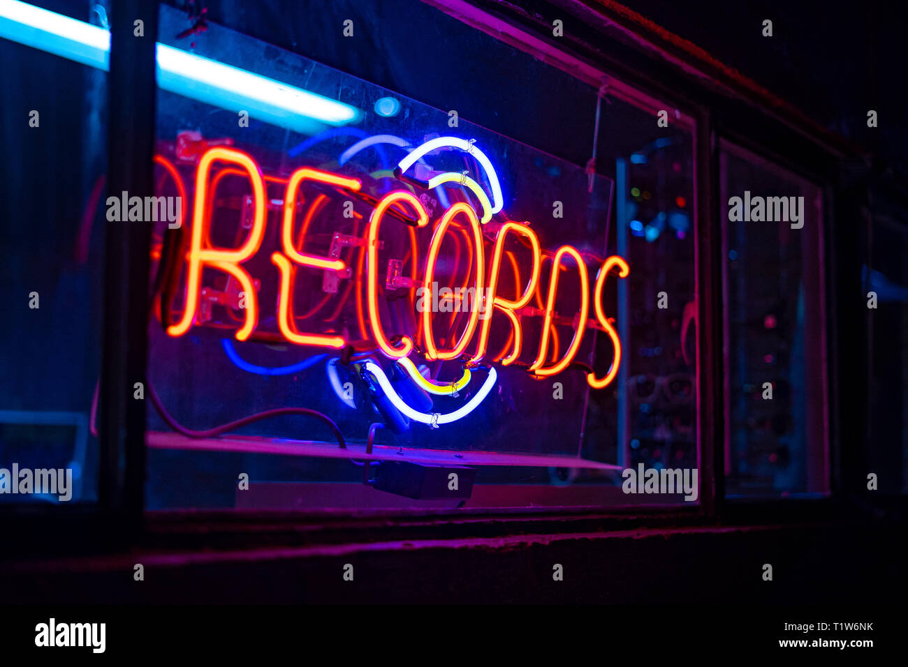 Neon Record Sign Stock Photo - Alamy