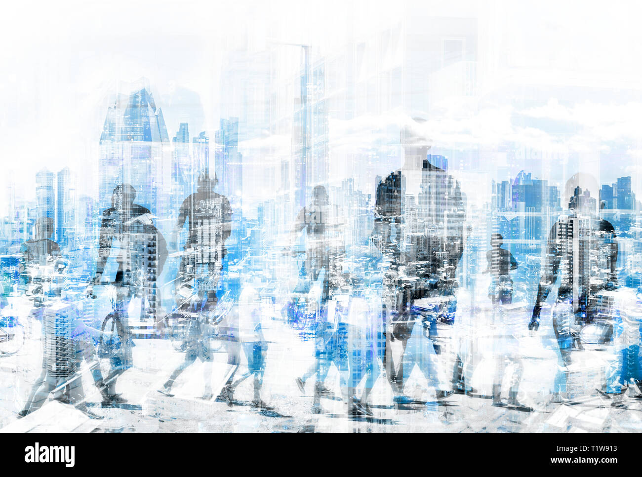 people in the city concept - abstract city skyline and people walking ...