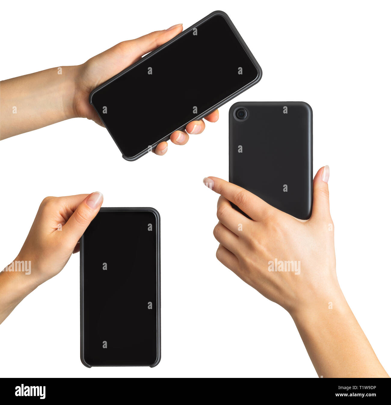 Set of women's hands showing black smartphone Stock Photo - Alamy
