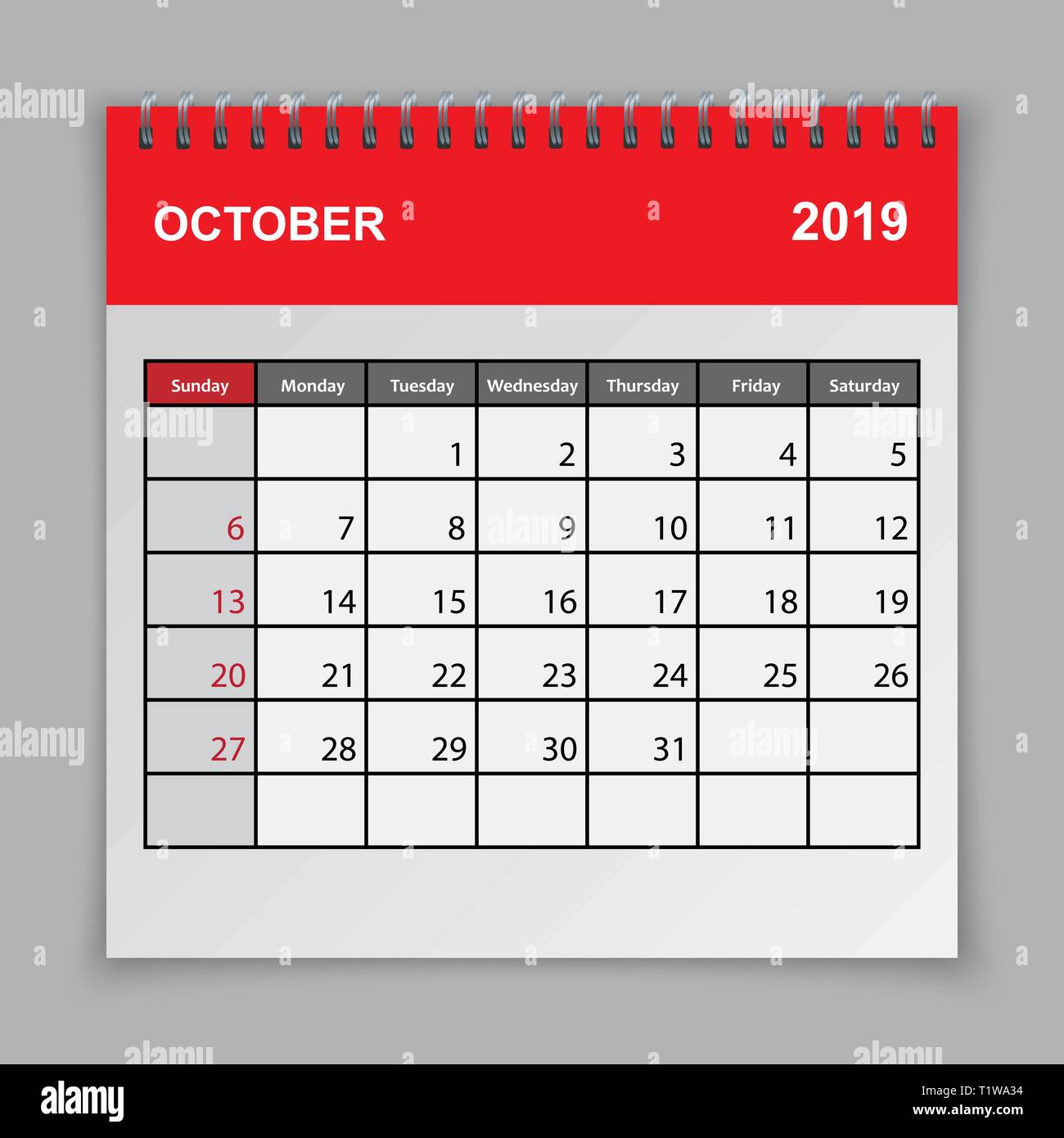 Calendar planner design template. October 2019 year Stock Vector Image ...
