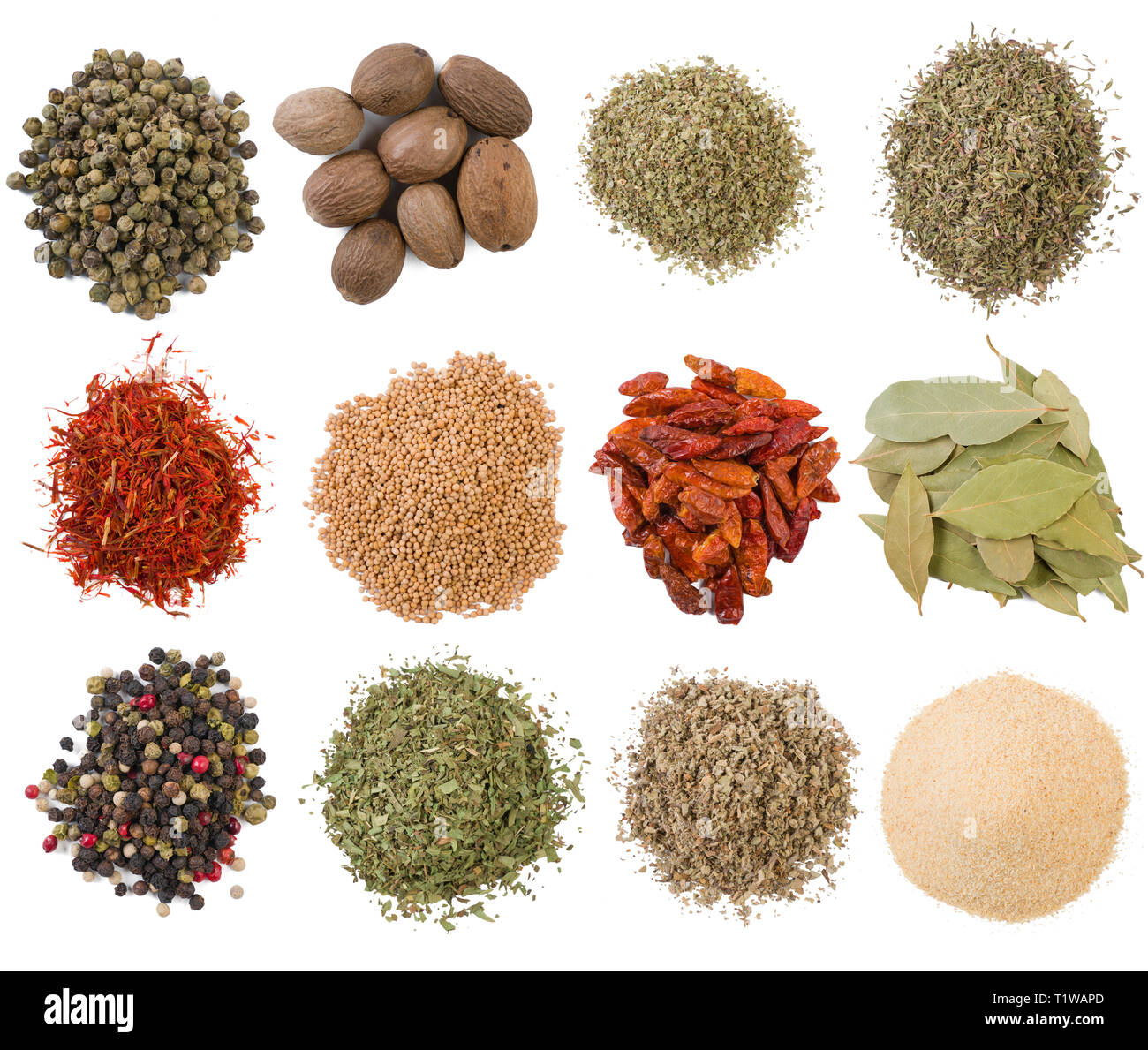 Set of spices and food ingredients in heaps isolated on white ...
