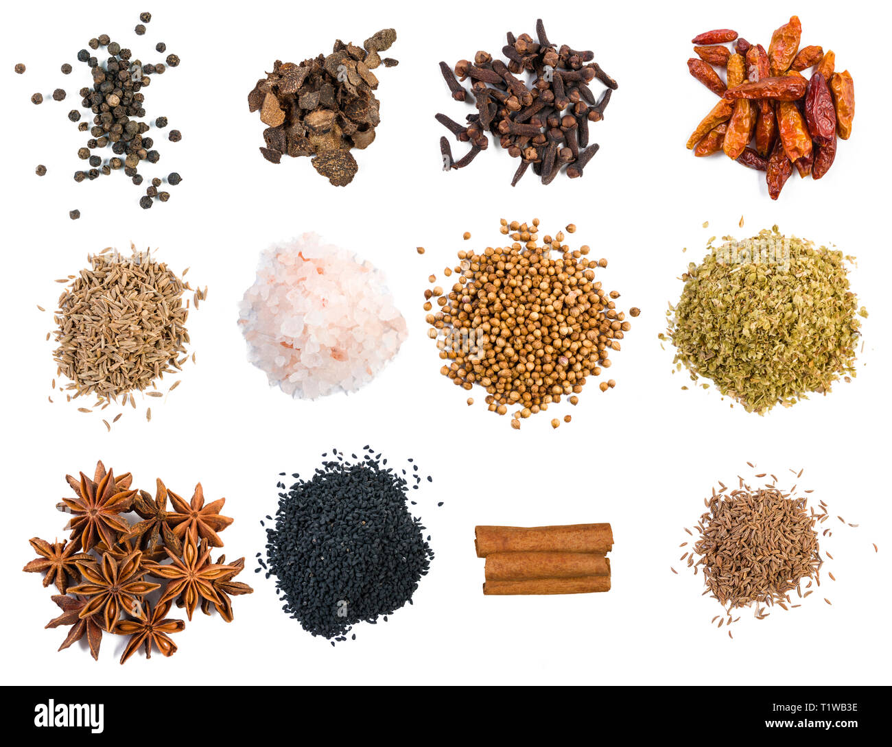 Set of spices and food ingredients in heaps isolated on white ...