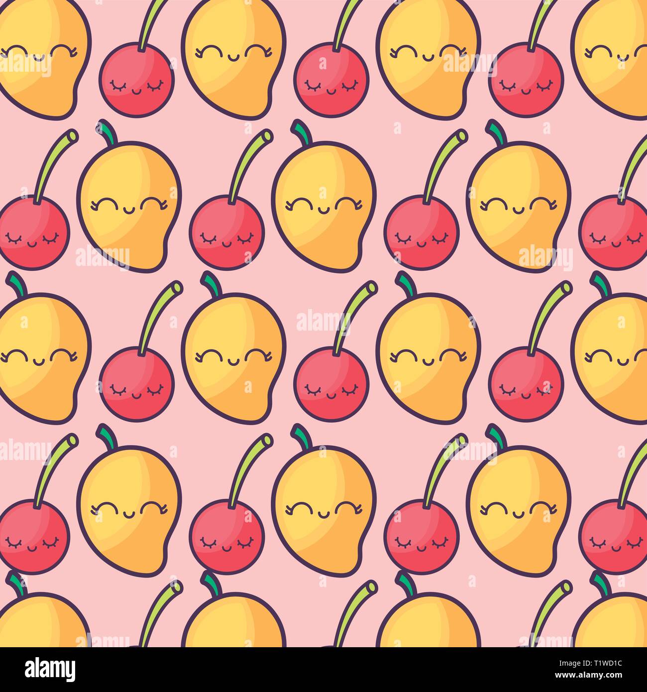 pattern of mangoes with cherries kawaii character vector illustration ...