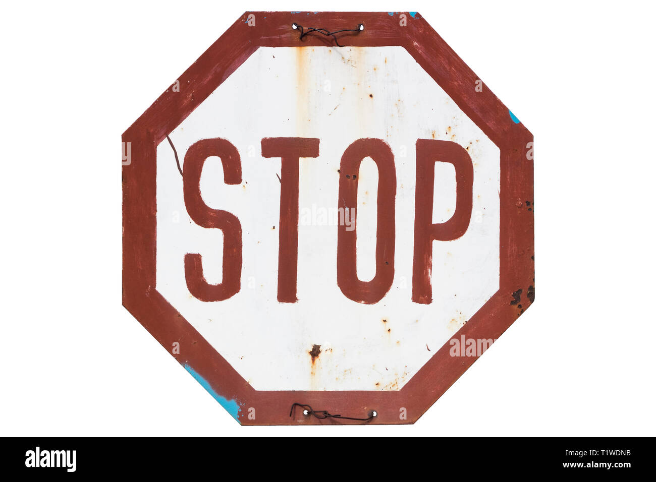 Old rusty non-standard road sign 'Stop' isolated on white Stock Photo ...