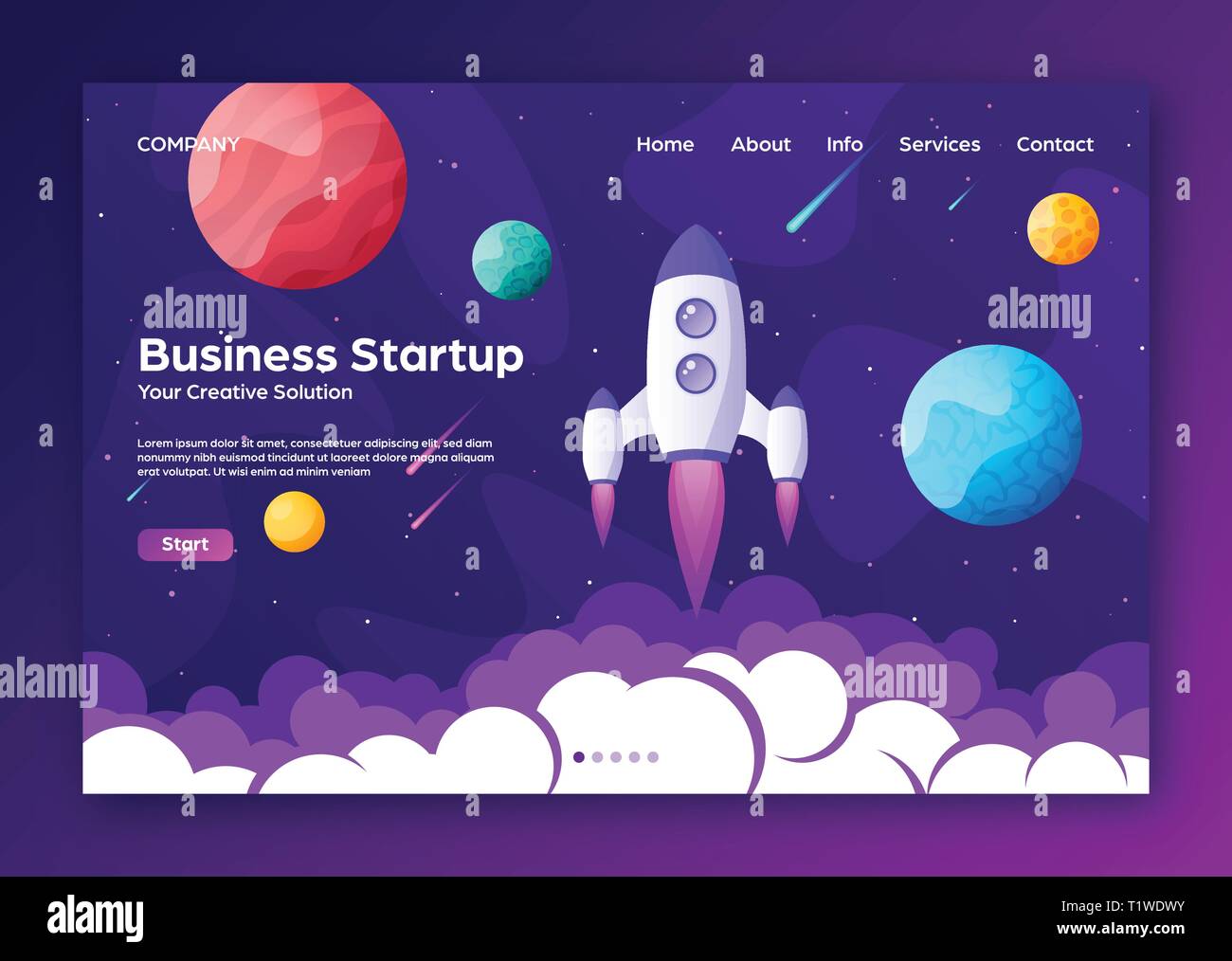 Website landing home page with rocket. Business project startup and ...