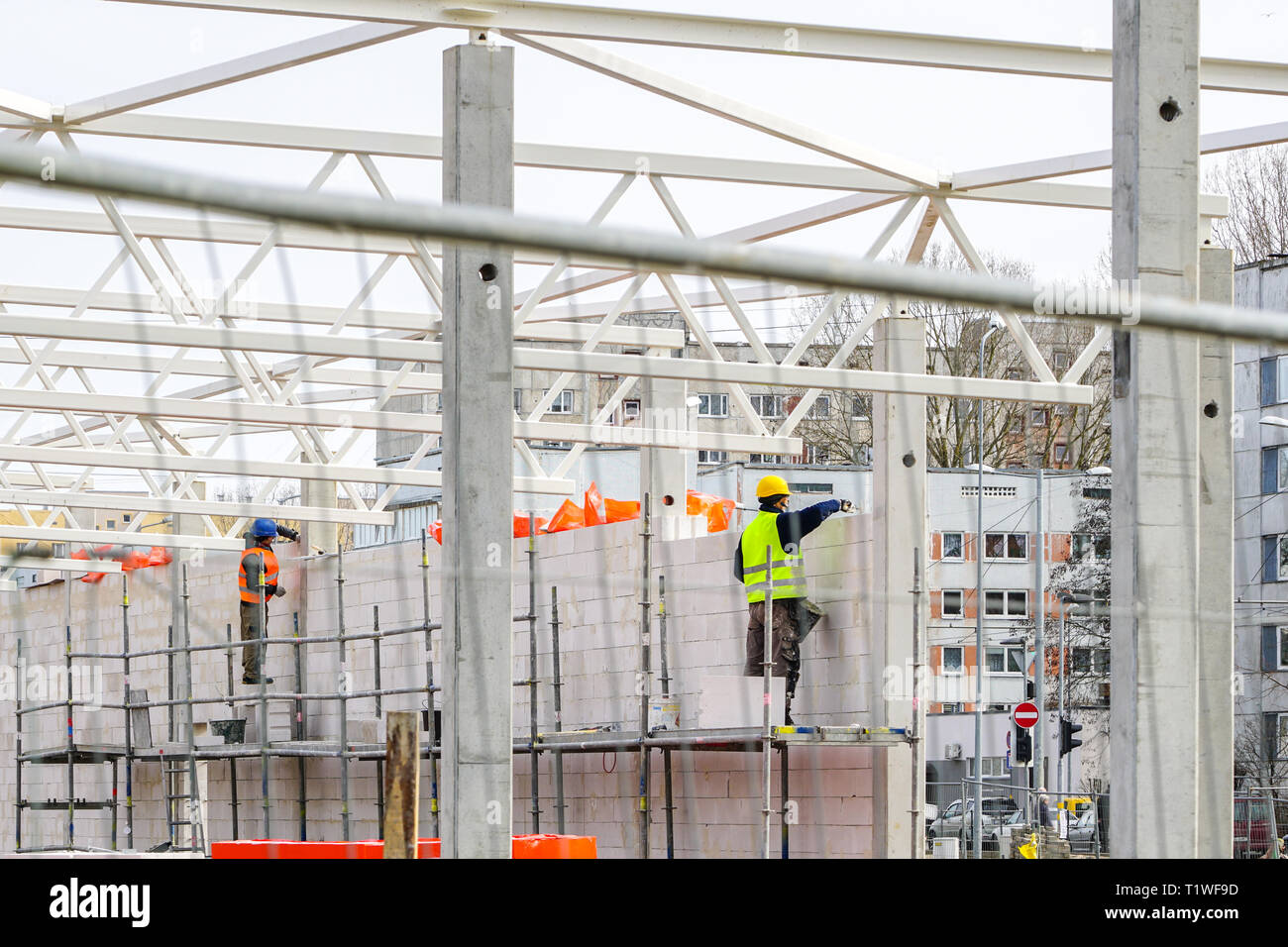 new building construction site, wall and roof constructions Stock Photo ...